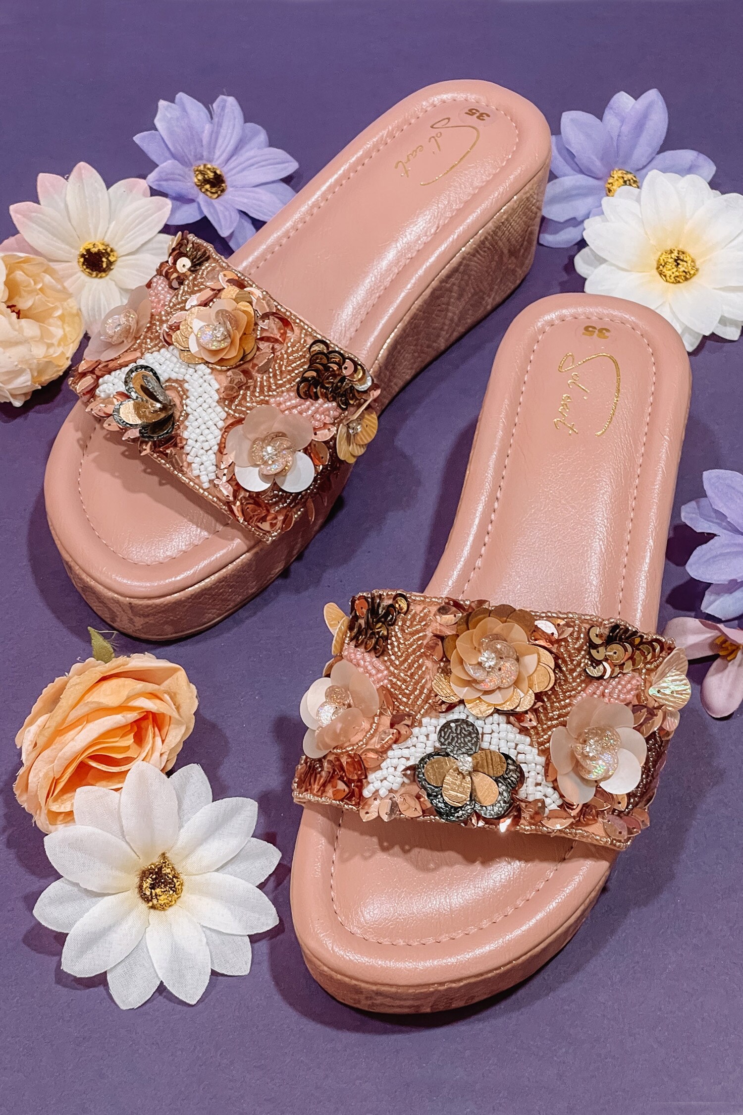 Buy Soleart Pink Birdsong 3d Flowers Embroidered Platform Wedges Online ...