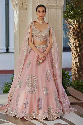 Buy Pink Organza Embroidery Aari Leaf Neck Zardozi Bridal Lehenga Set ...