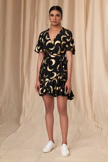 Buy Black Natural Crepe Foil Print Mooncrest V Neck Short Wrap Dress ...