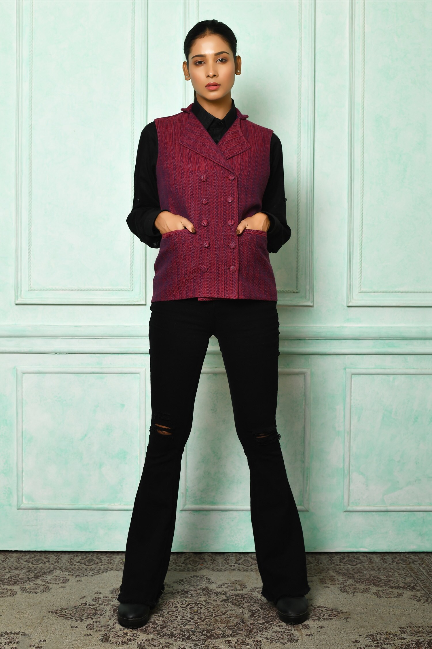 Buy Arihant Rai Sinha Red Handloom Overlapped Lapel Collar Waistcoat ...