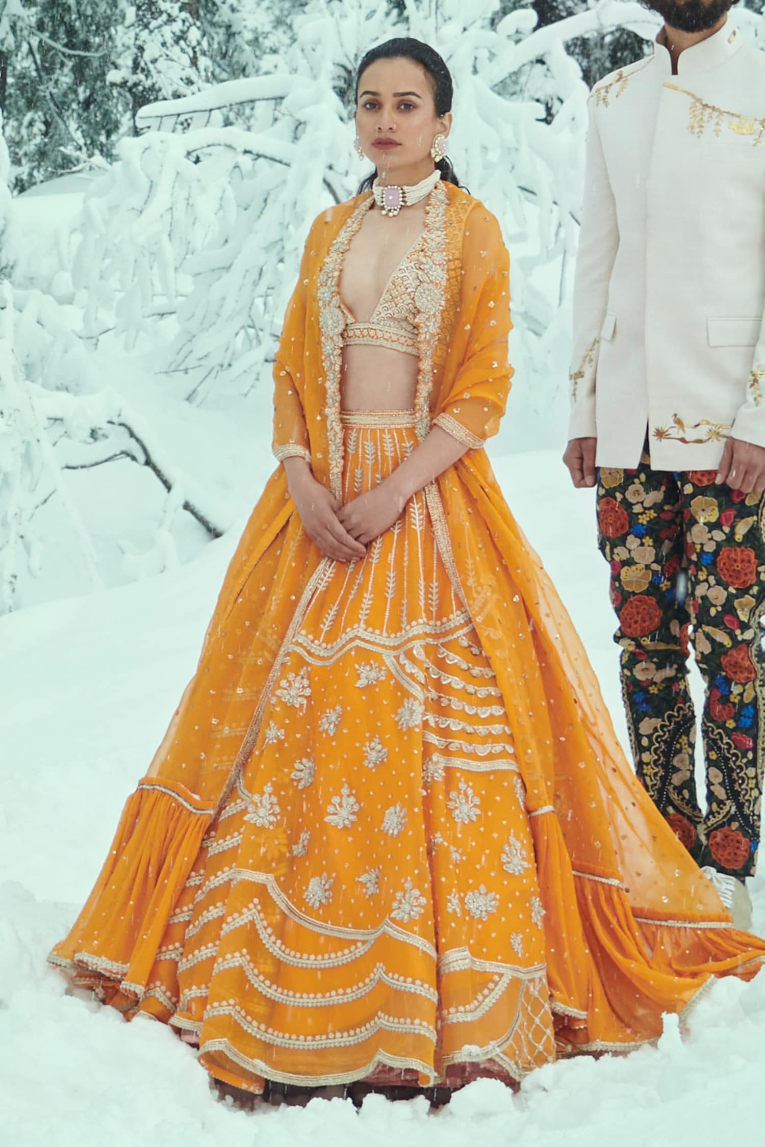 Buy Sahil Kochhar Yellow Organza Nagruk Floral Embroidered Lehenga Set Online | Aza Fashions