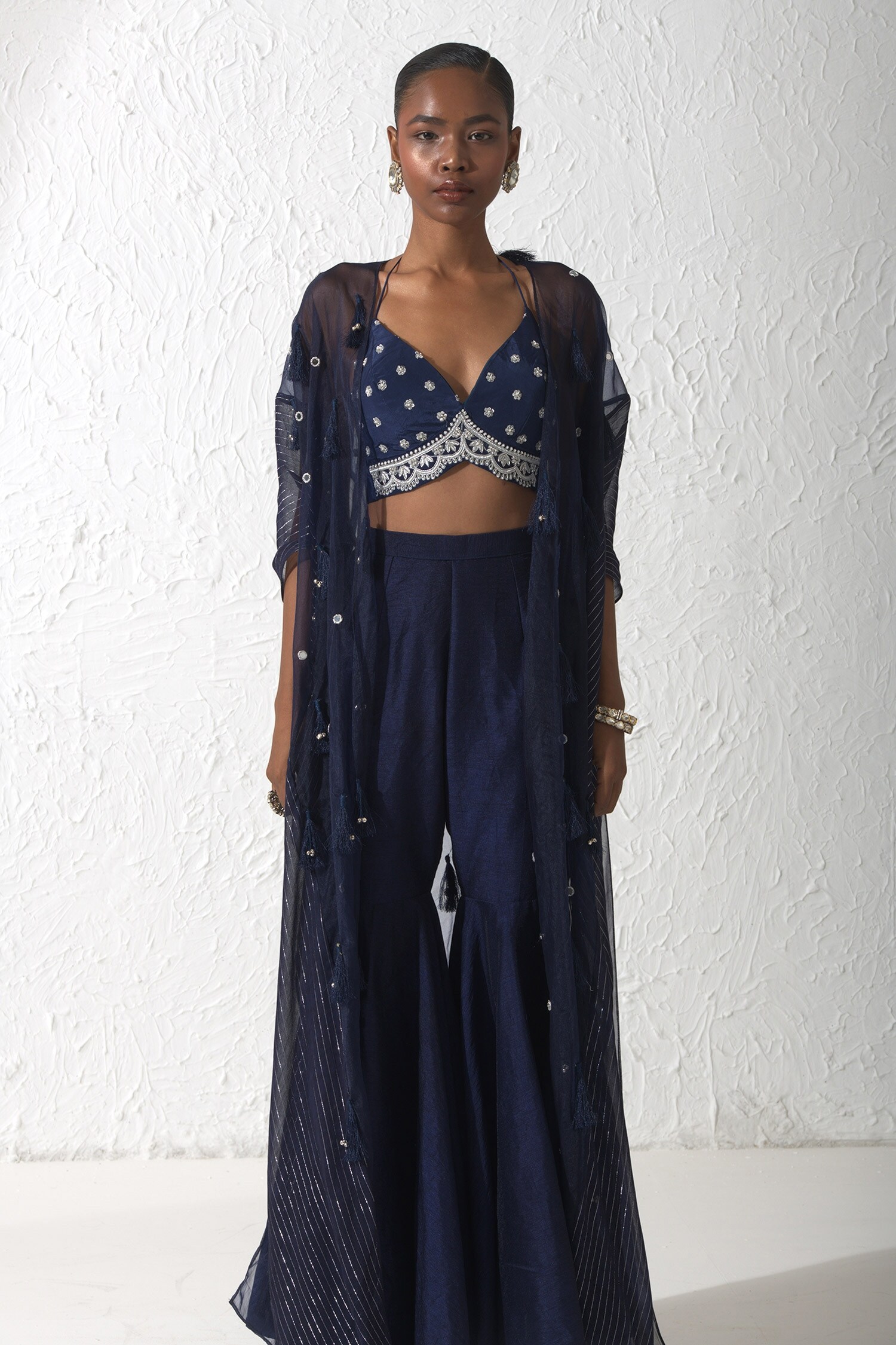 Buy Blue Crepe And Raw Silk Embroidered Elara Bralette & Flared Pant Set For Women by Rishi ...