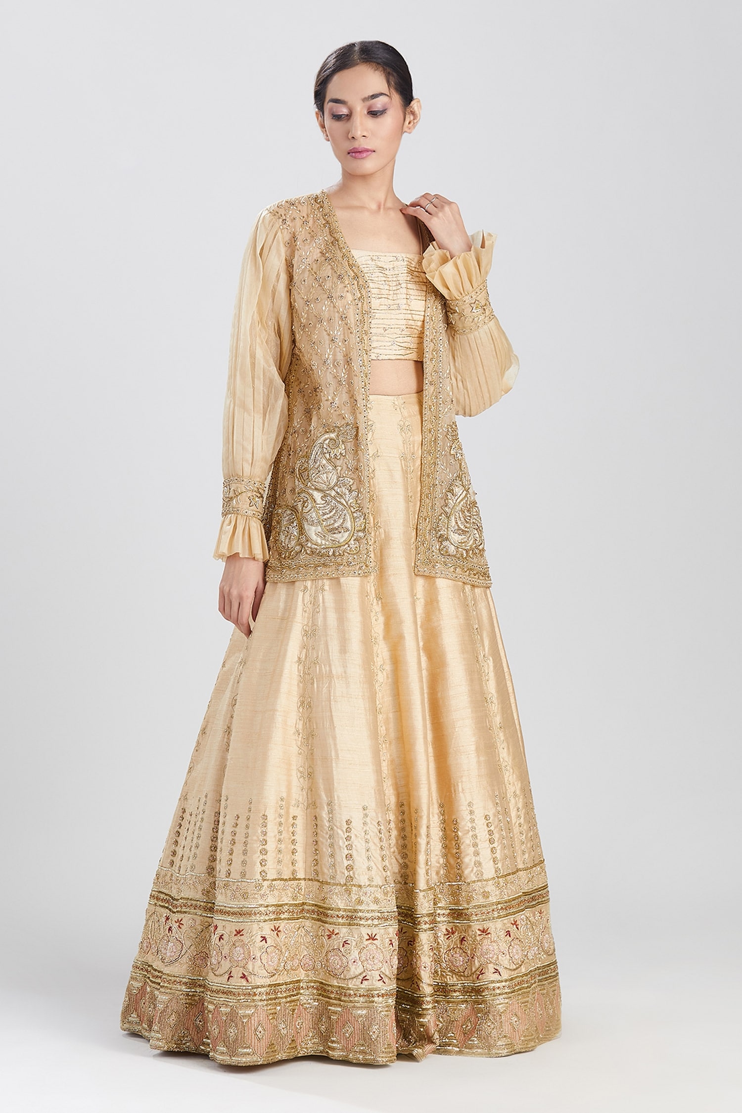 Buy Gold Raw Silk Hand Embroidered Resham Jacket: Open Asma Lehenga Set For Women by Megha ...