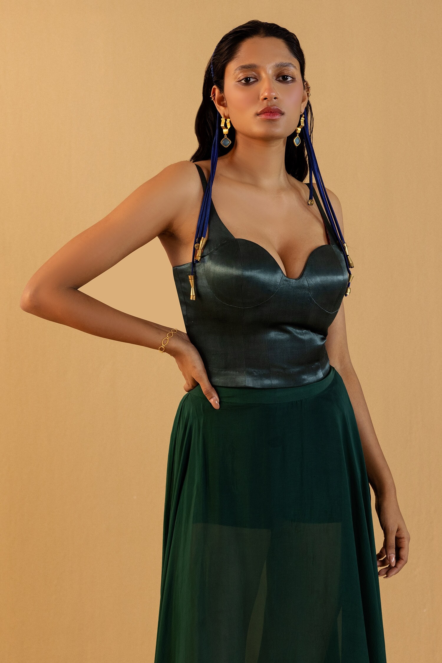 Buy Green Fabric Heavy Satin Plain Sweetheart Neck Tashi Jasper Corset ...