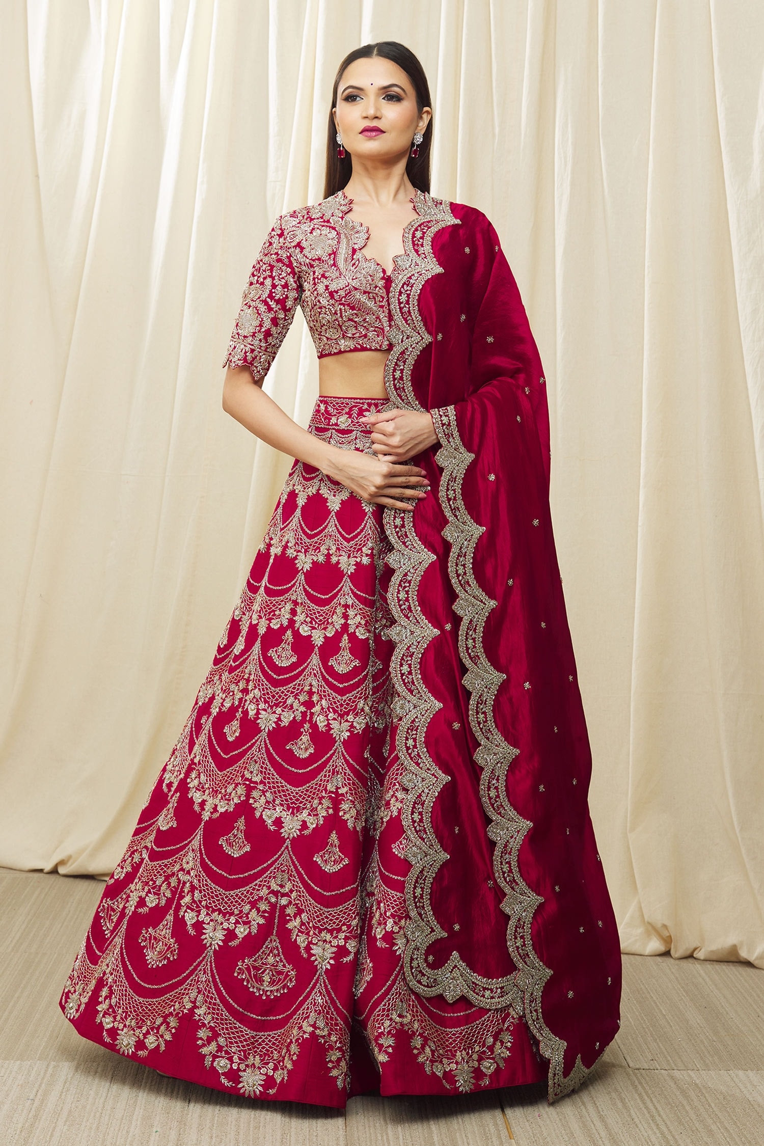 Buy Red And Raw Embroidery Scallop Pattern Bridal Lehenga Set For Women ...