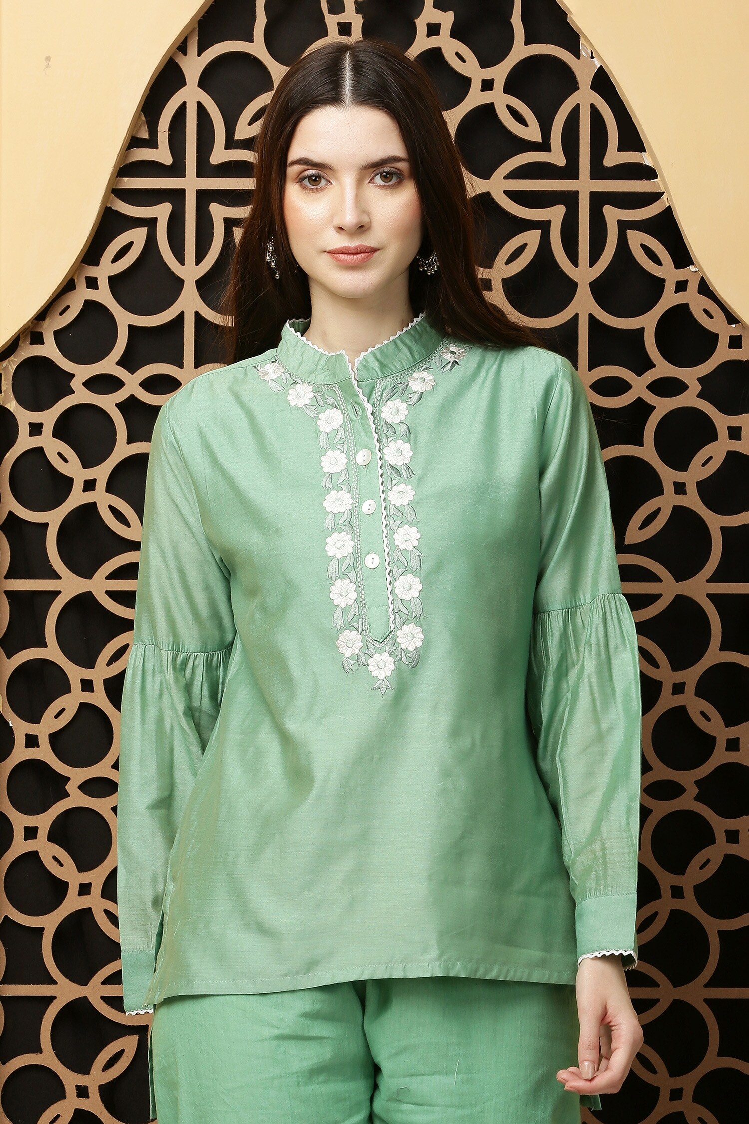 Buy Kefi Collections Green Cotton Chanderi Ambreen Embroidered Placket Tunic Online | Aza Fashions