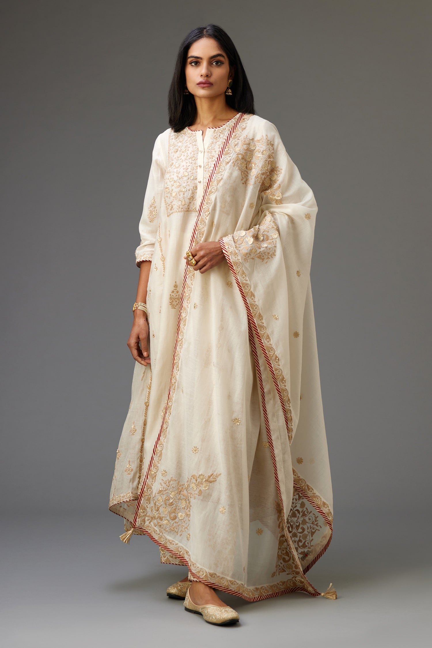 Buy Off White Kurta And Dupatta Cotton Chanderi Sequin A-line Set For ...