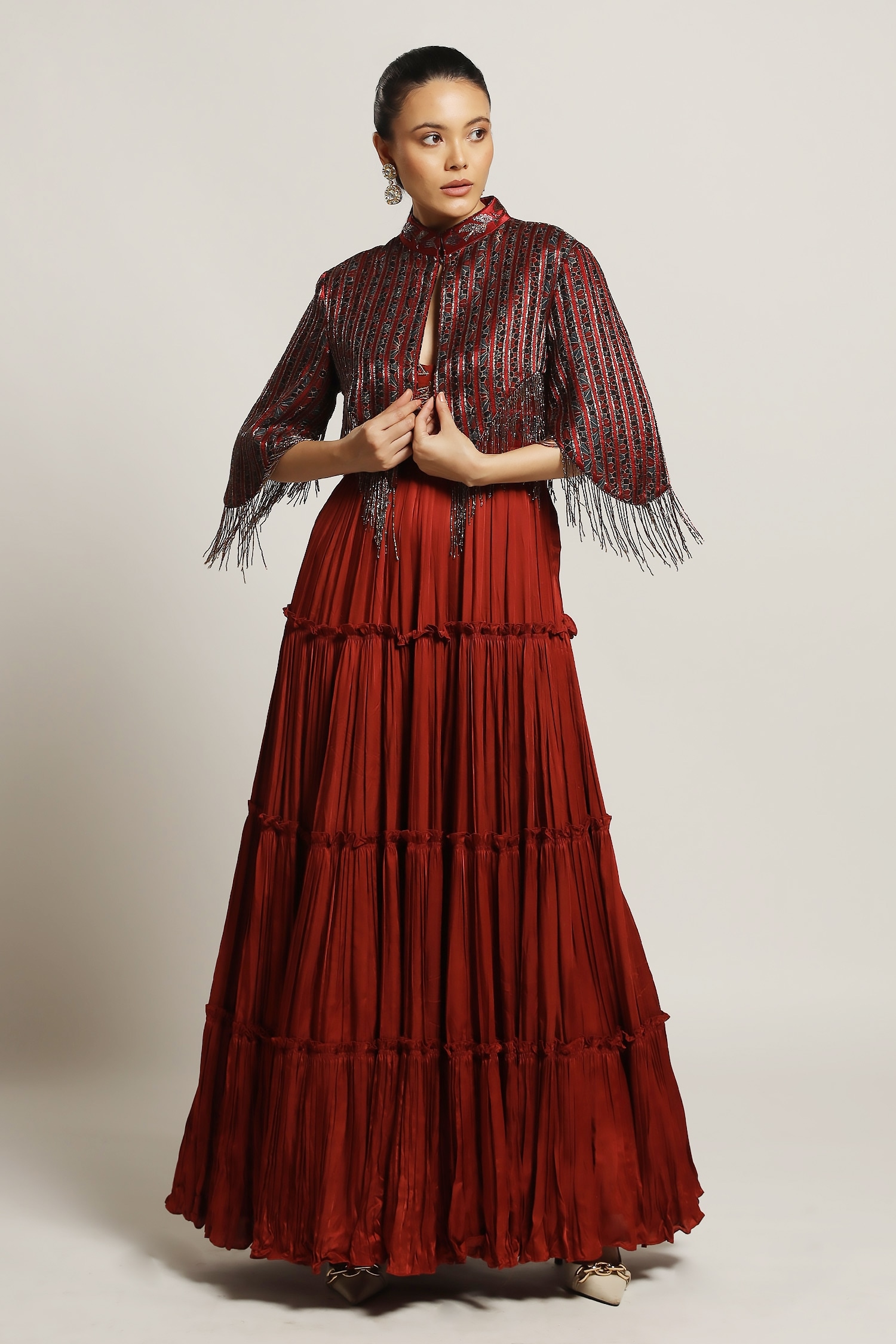 Buy Sejal Kamdar Maroon Gajji Silk Ajrakh Panel Short Jacket And ...