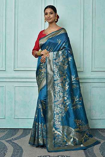 Buy Blue Cotton Silk Woven Floral And Peacock & Pattern Saree With ...