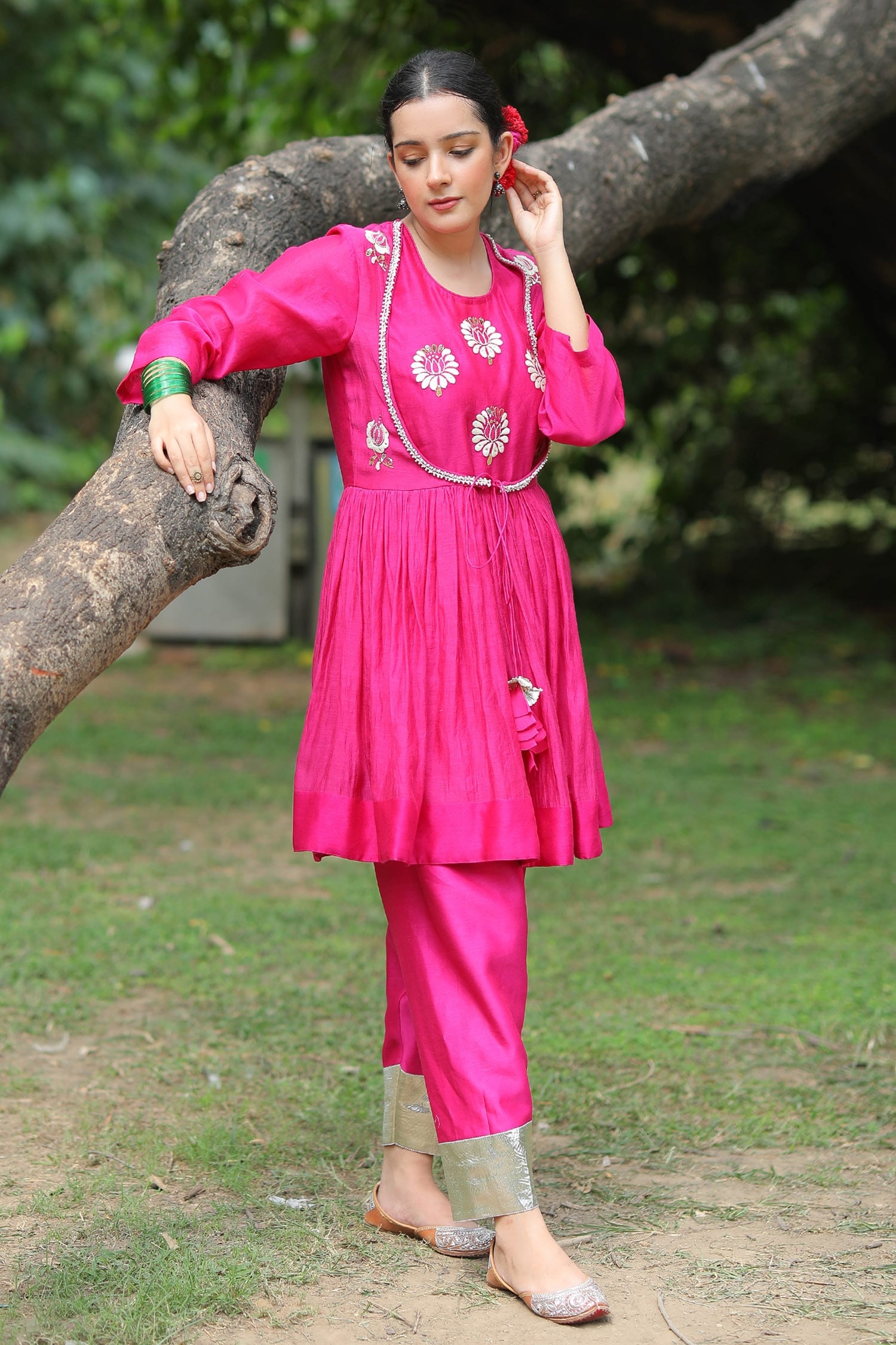 Buy Fuchsia Chanderi Embroidered Floral Round Flared Tunic And Pant Set ...