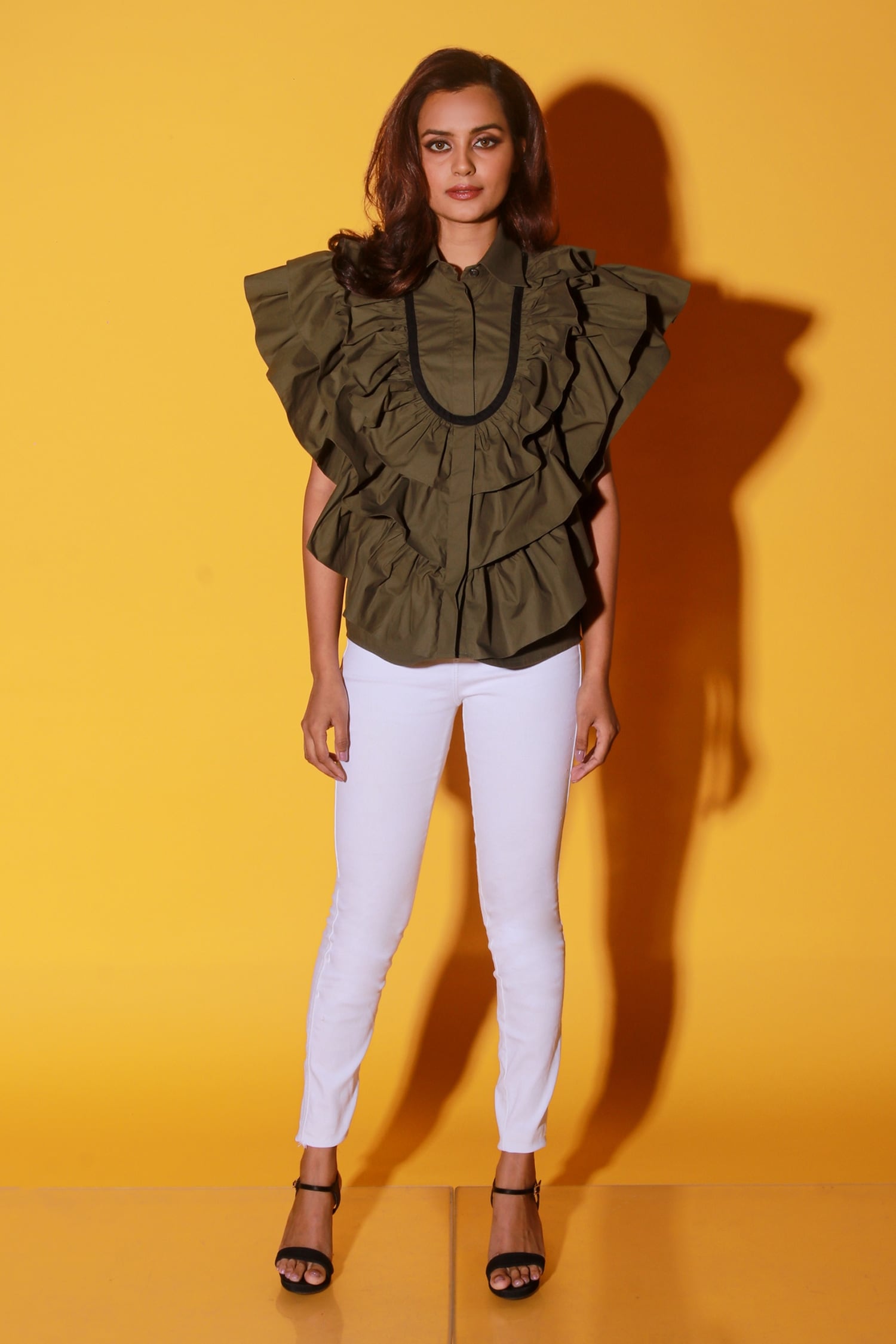 Buy Echke Green Cotton Blend Layered Ruffled Shirt Online | Aza Fashions