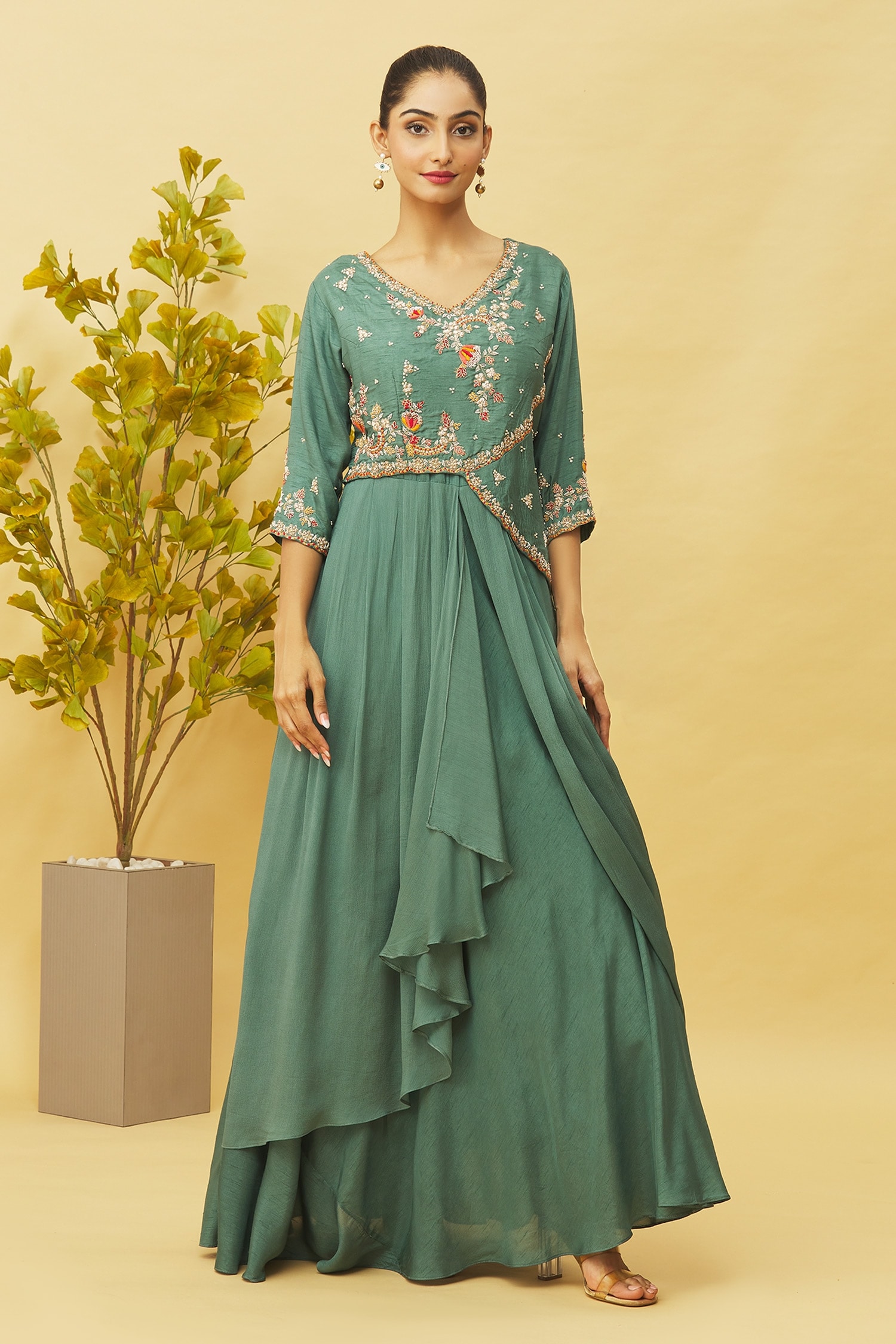 Buy Blue Dola Silk Embroidered Floral V Neck Thread And Draped Gown For ...