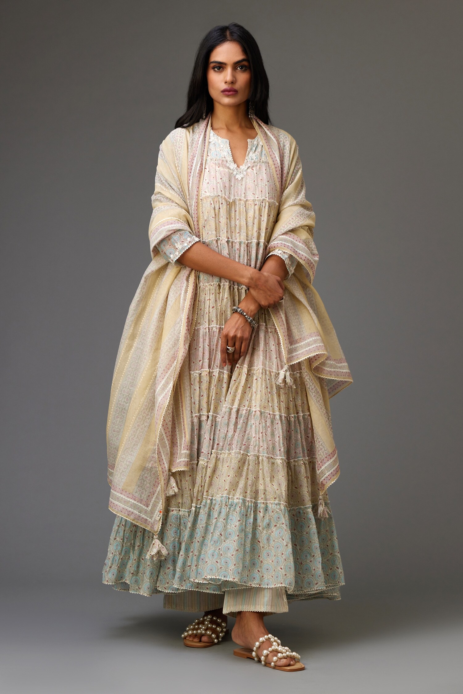 Buy Multi Color Anarkali And Dupatta: Cotton Chanderi Hand Block Print ...