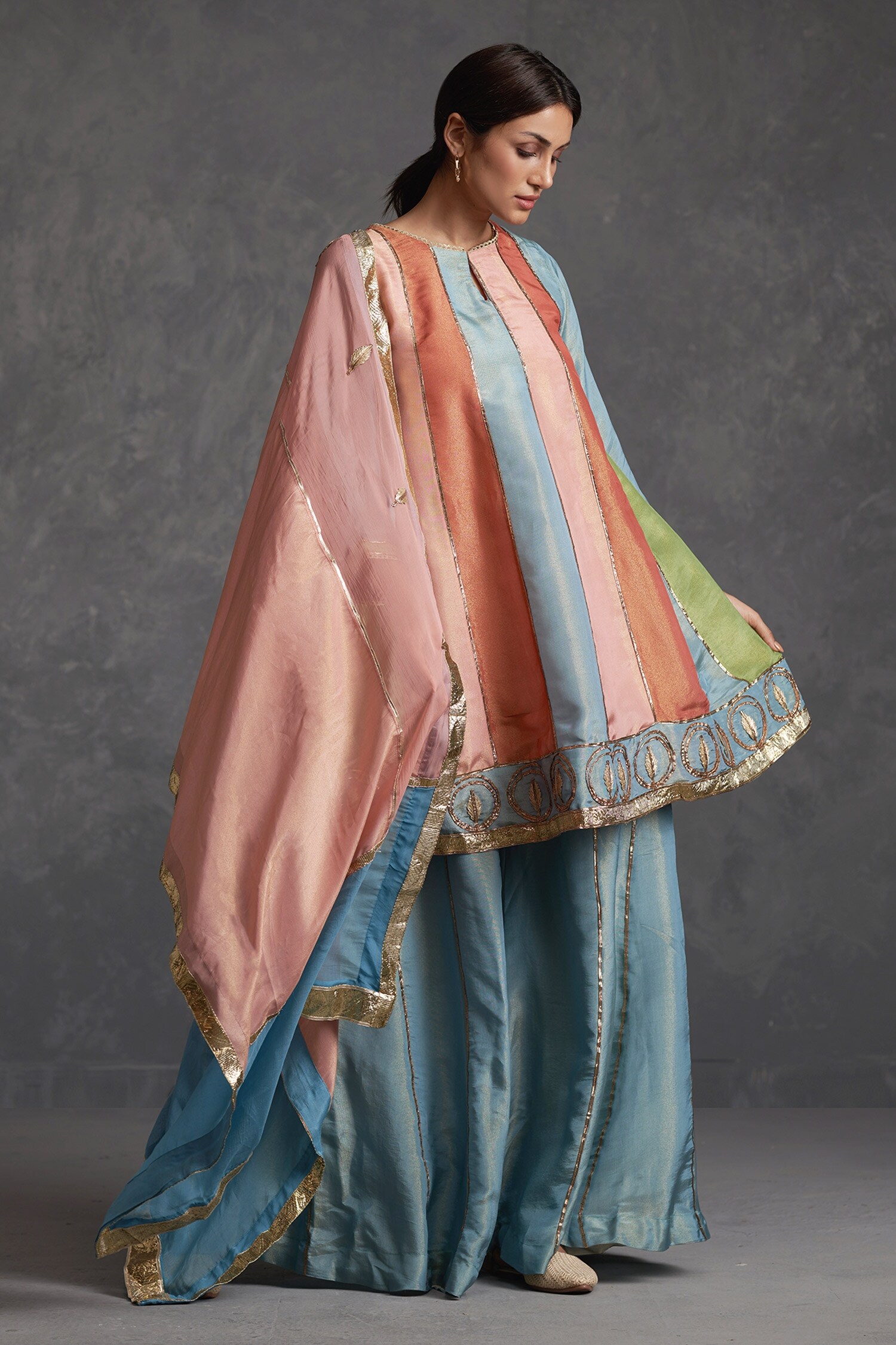 Buy Multi Color Tissue Silk Embroidery Blocked Lace Short Anarkali Set ...