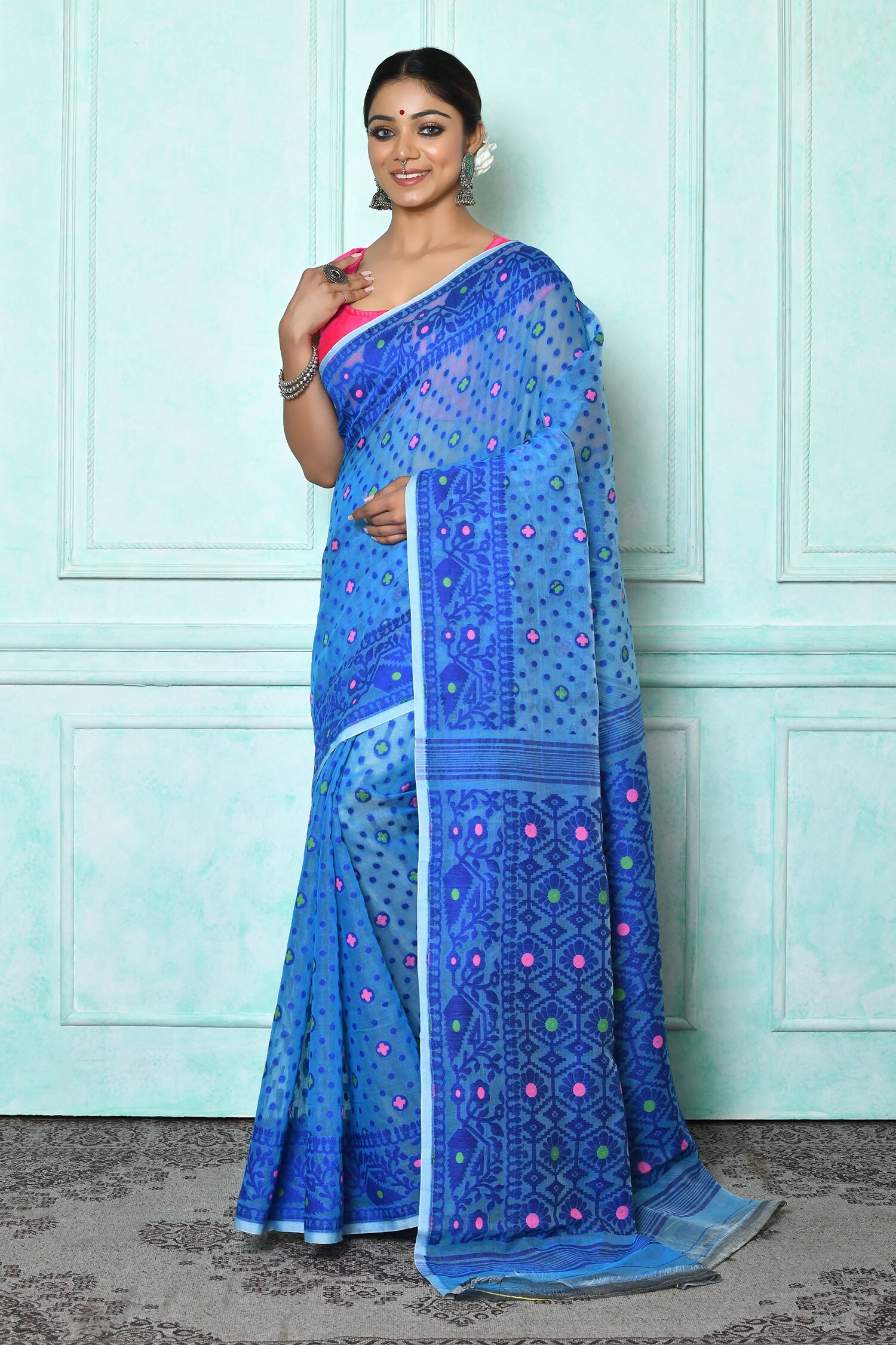 Buy Samyukta Singhania Blue Cotton Silk Floral Jamdani Pattern Saree ...