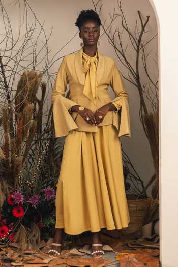 Buy House of Fett Yellow Knitted Pinstripe Pattern Lapel Collared Coat ...