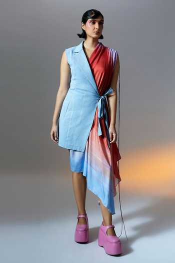 Buy Aroka Blue Denim Half Jacket Asymmetric Dress Online | Aza Fashions