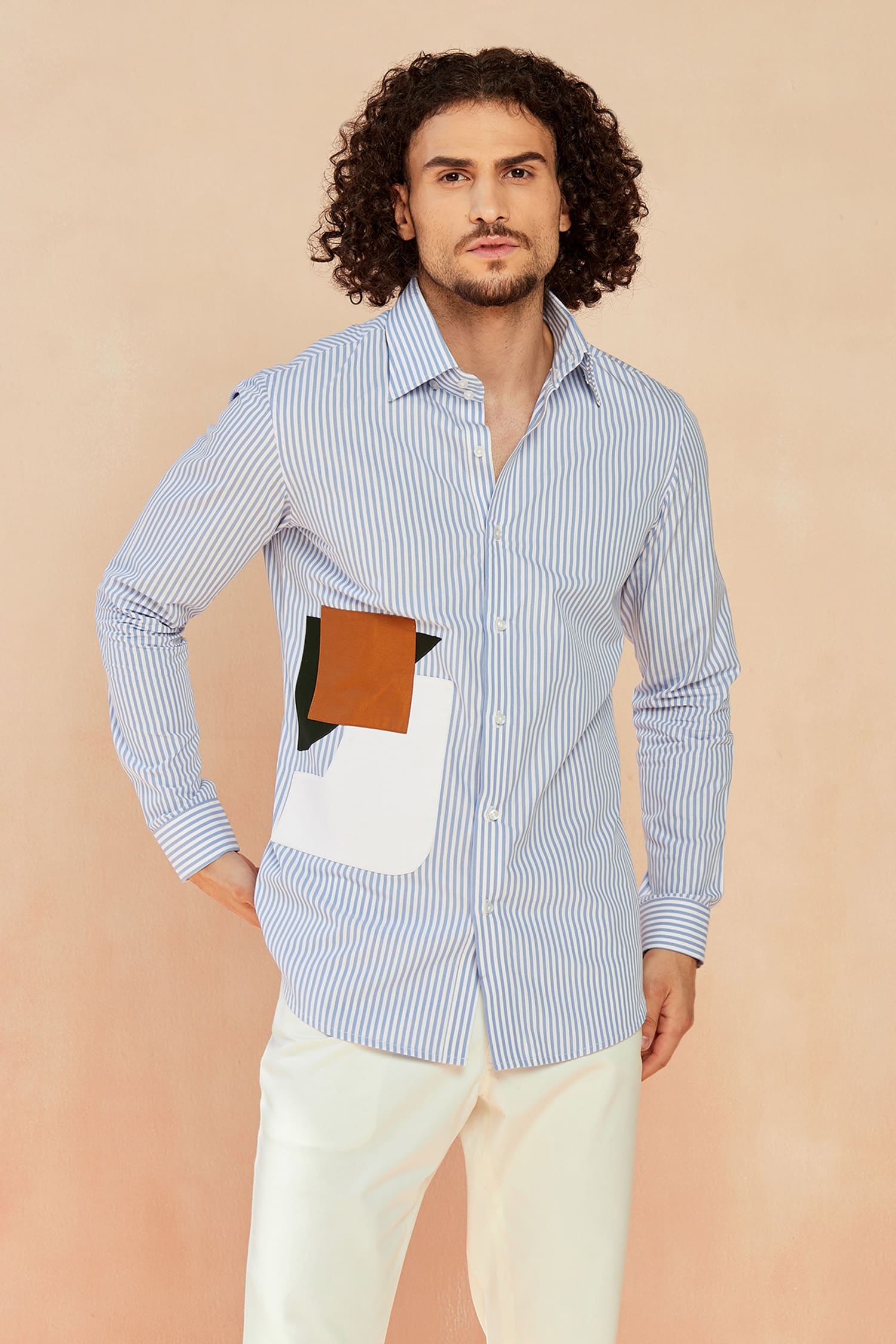 Buy Blue Cotton Satin Picasso Striped And Patchwork Shirt For Men by ...