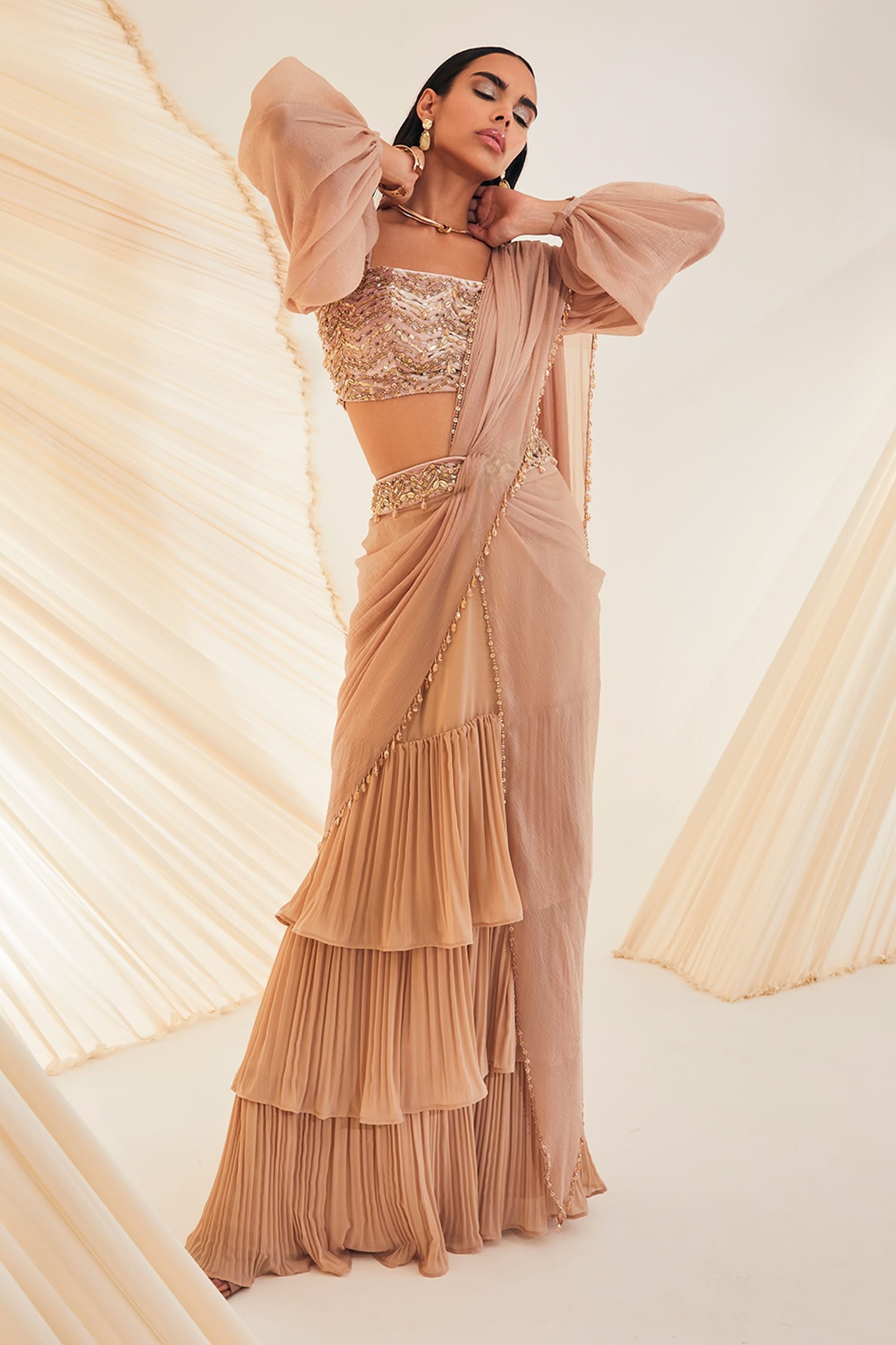 Buy Divya Aggarwal Beige Chloe Pre-draped Ruffle Trim Saree With Blouse ...