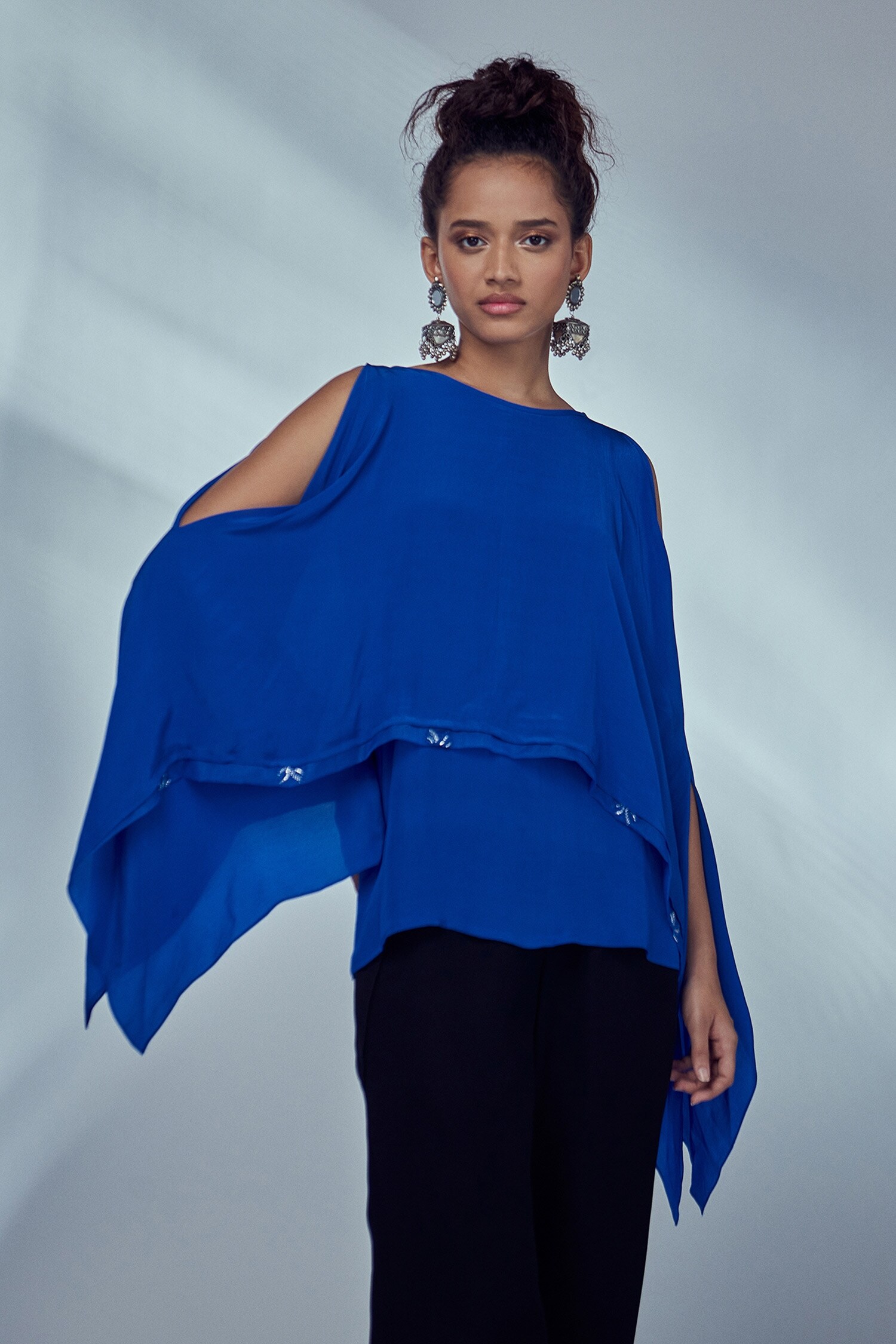 Buy Blue Crepe Embroidered Glass Beads Work Boat Slit Sleeve Layered ...