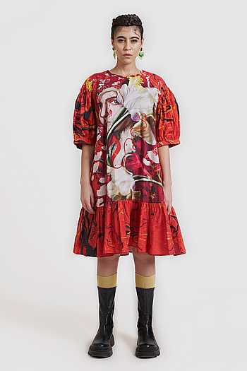 Buy Red Cotton Poplin Printed Digital Round Aiko Floral Dress For Women ...