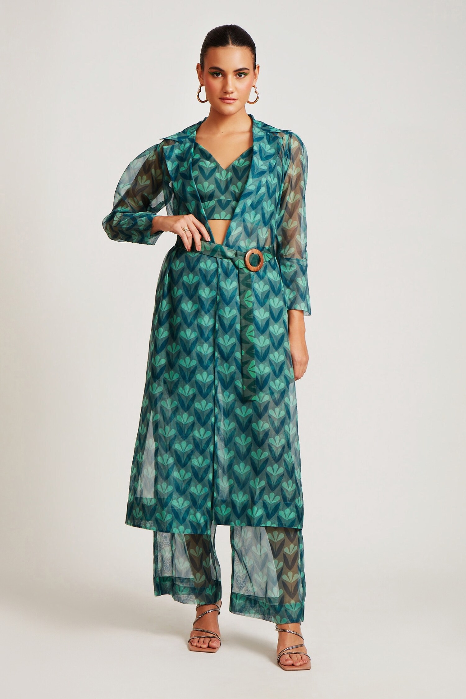 Buy Sorbae Green Organza Floral Print Cape And Pant Set Online | Aza ...