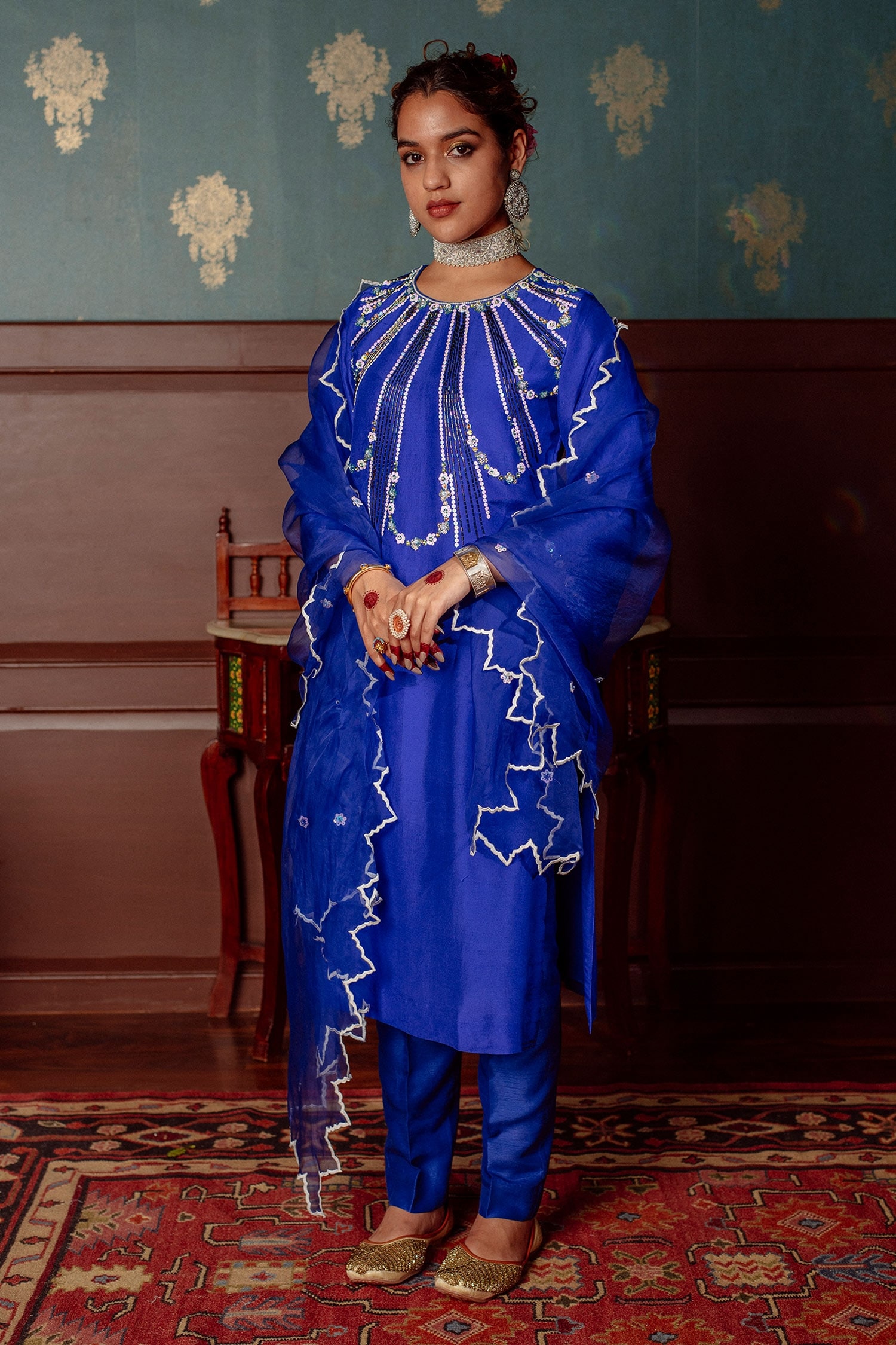 Buy Blue Kurta: Pure Silk Embroidered Sun Burst Embellished Yoke Pant ...