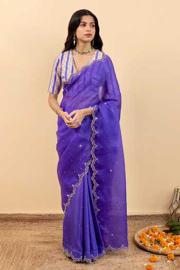 Buy Pita Nila Purple Satin Silk Organza Soha Cutwork Bordered Saree ...