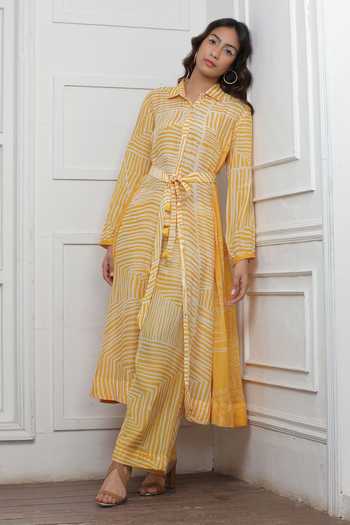 Buy Myoho Yellow Cotton Silk Jagged Striped Print Tunic And Pant Set ...