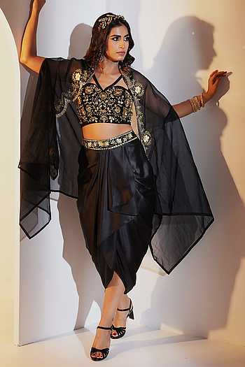 Buy Rashika Sharma Black Aria Embroidered Cape Skirt Set Online | Aza ...