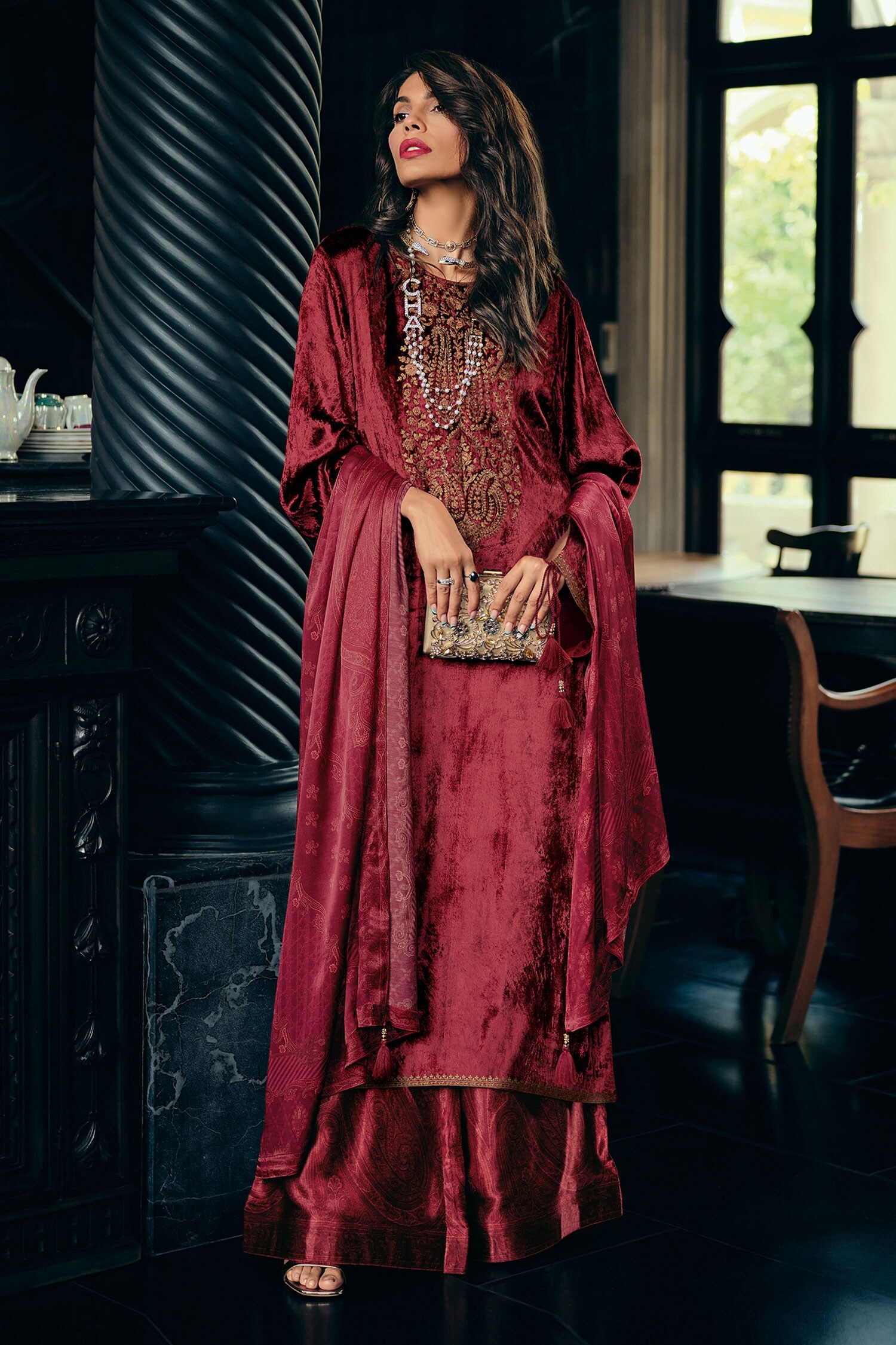 Buy Maroon Kurta Velvet Printed And Embroidered Resham Paisley Pant Set ...