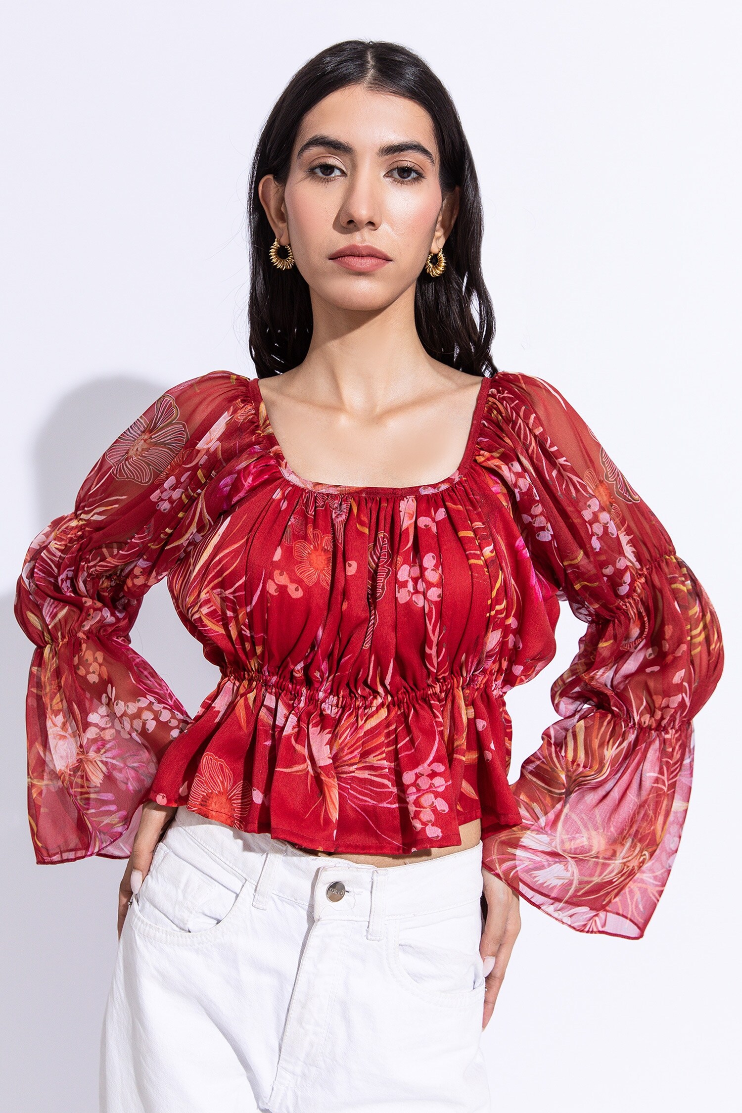 Buy AROOP SHOP INDIA Red Recycled Chiffon Eva Amaryllis Print Crop Top ...