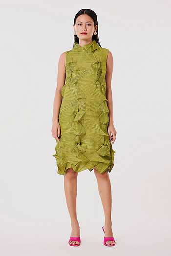 Buy Scarlet Sage Green Polyester Mona 3d Structured Sleeveless Dress ...