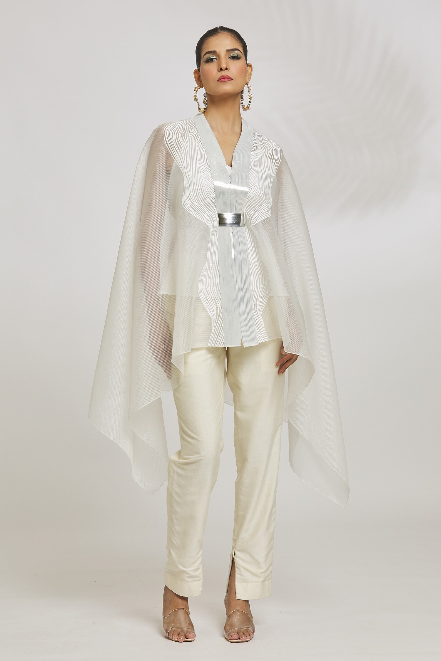 Buy Ivory Organza Striper Embroidery Open Metallic Draped Cape Top For ...