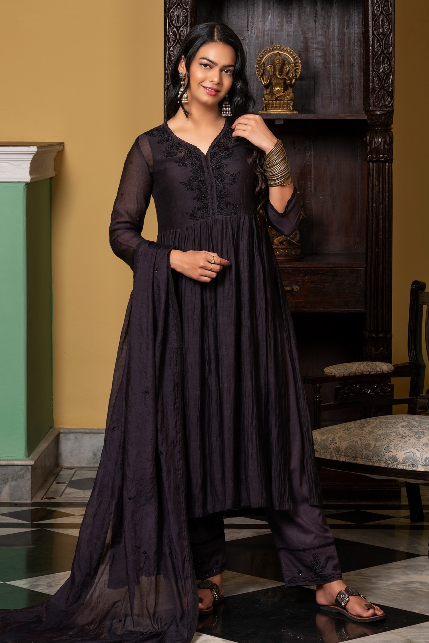 Buy Yati Black Hand Embroidered Flared Kurta Set Online | Aza Fashions