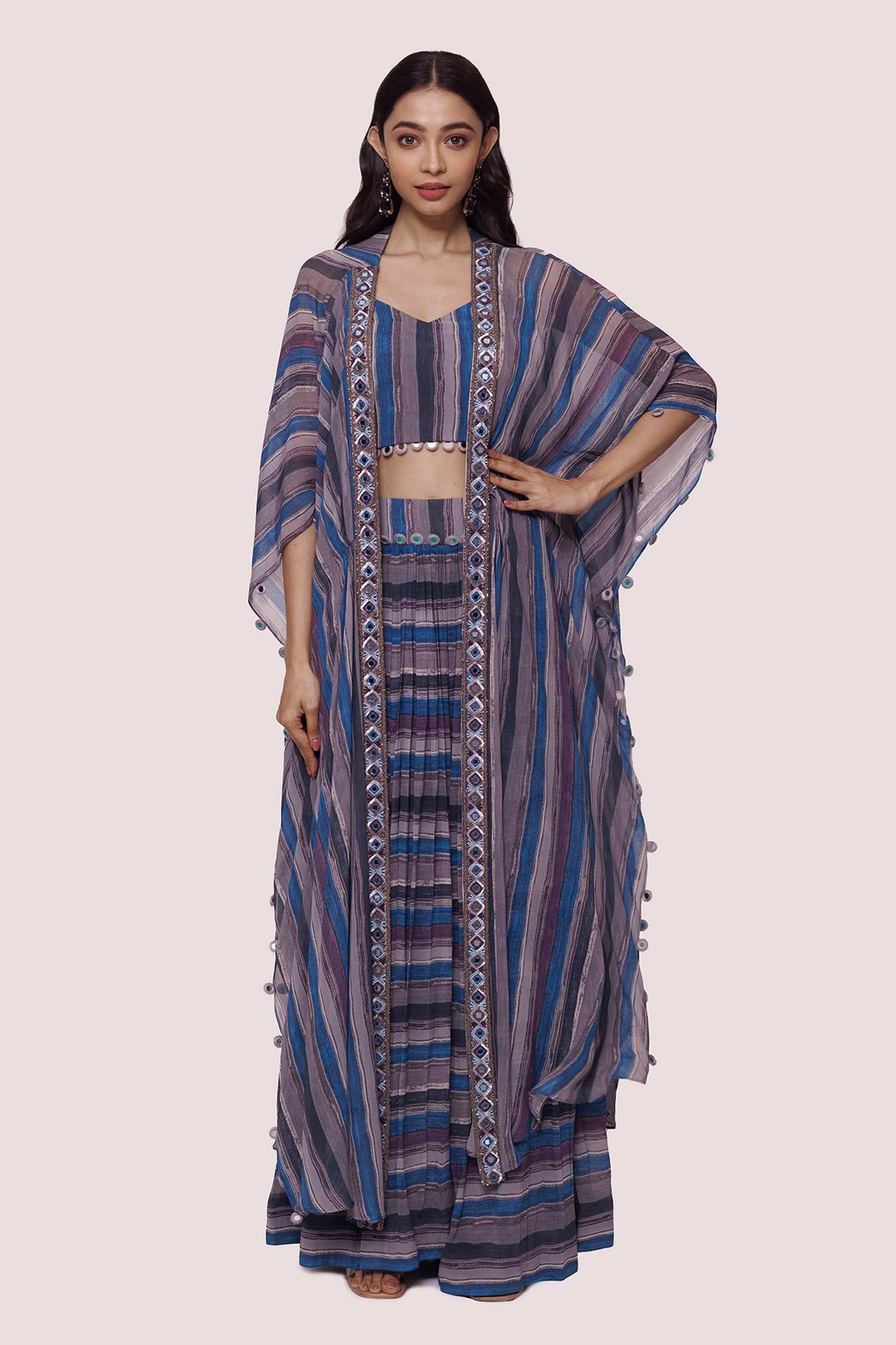 Buy Grey Georgette Embroidered Stripe Pattern Overlay Flared Pant Set ...