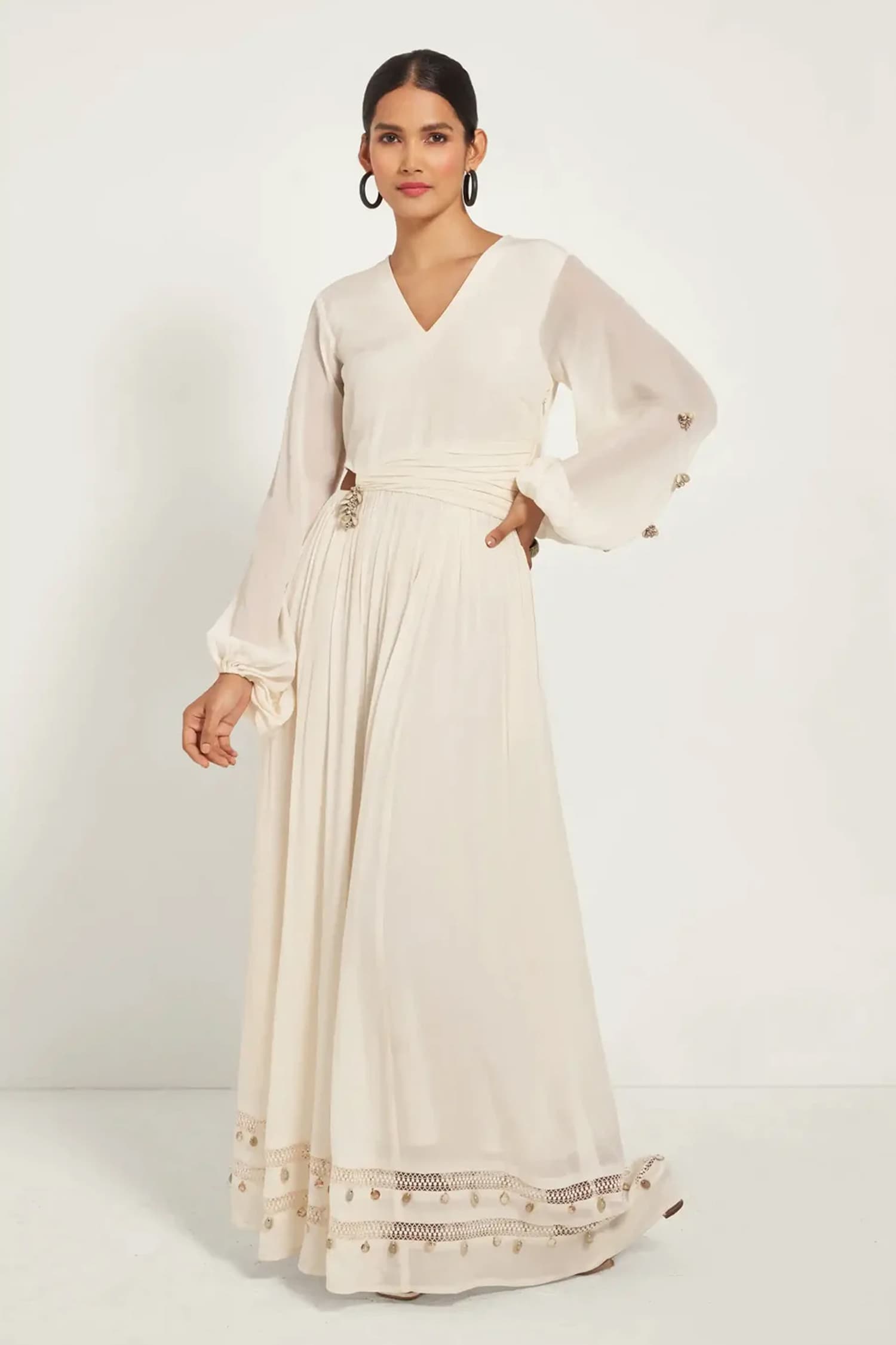 Buy Ivory Moss Crepe Embellished Shells V Neck Cut- Out Dress For Women ...