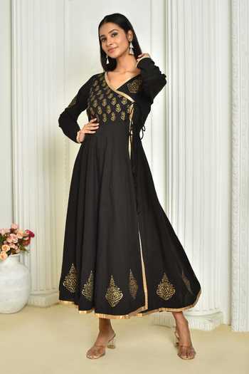 Buy Black Hand Block Print Angarkha And Pant Set For Women by Samyukta ...