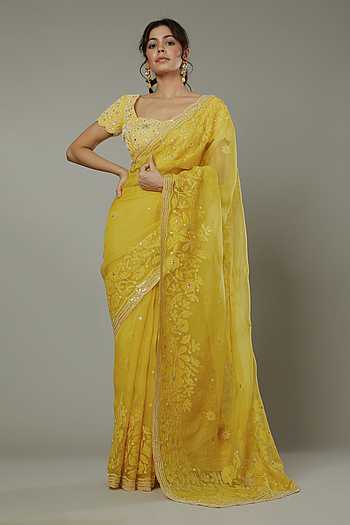 Buy Yellow Silk Organza Hand Embroidered Floral Mango Bite Candy Saree ...