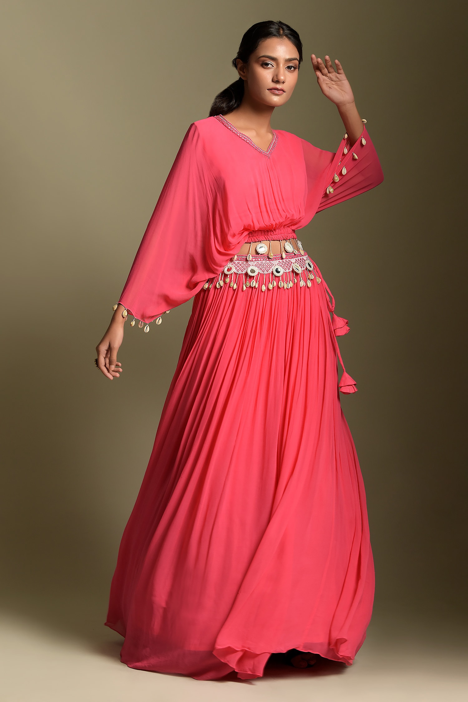 Buy Pink Georgette Embellished Shell V And Mirror Work Skirt & Crop Top ...