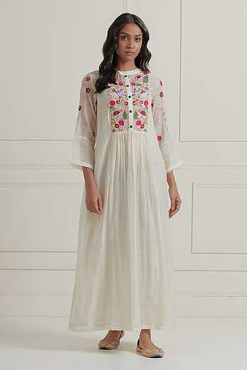 Buy White Chanderi Embroidered Floral Mandarin Collar Hand Placket ...