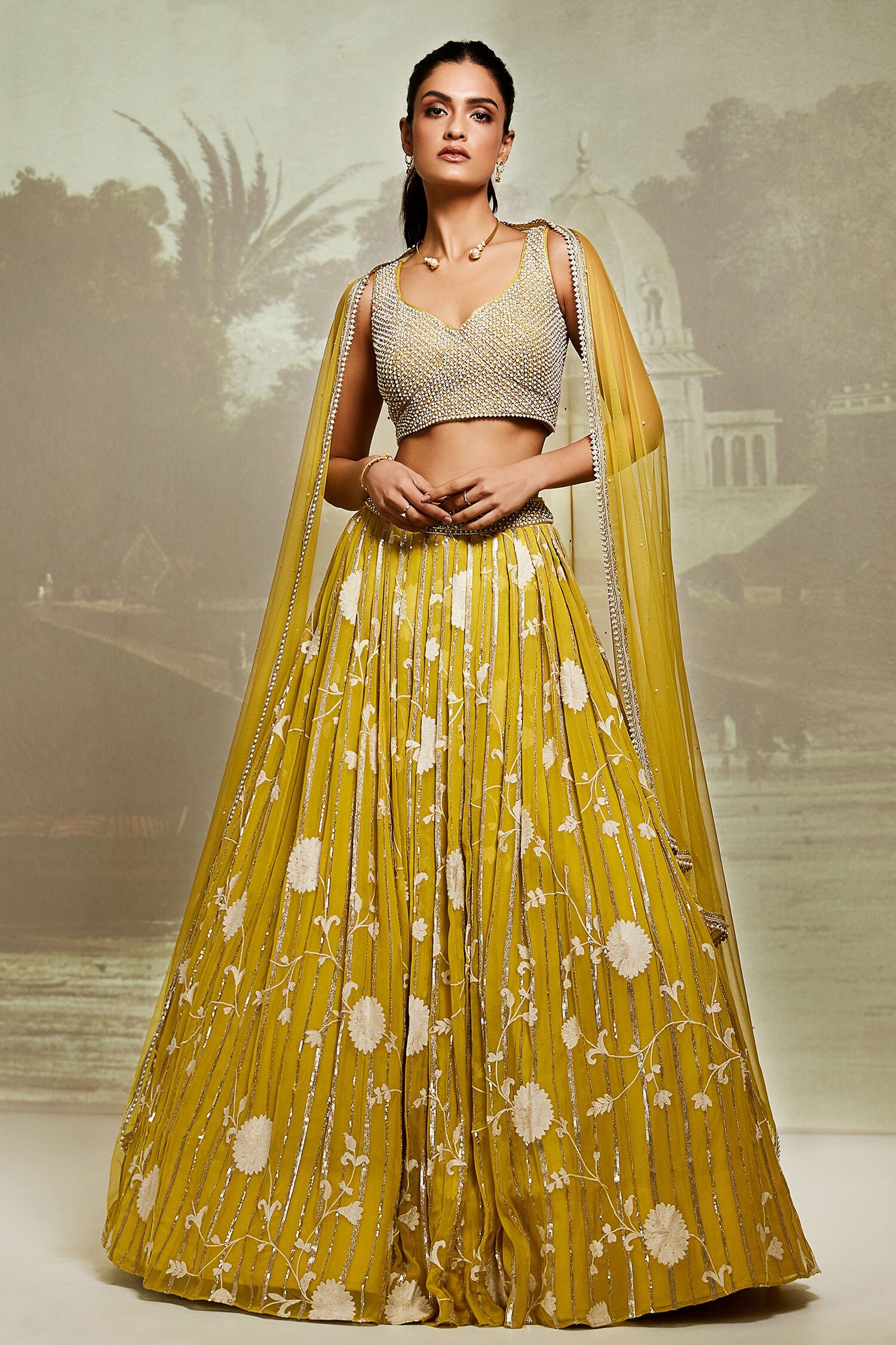 Buy Yellow Georgette Embroidered Pearl Leaf Neck Floral Lehenga Set For ...