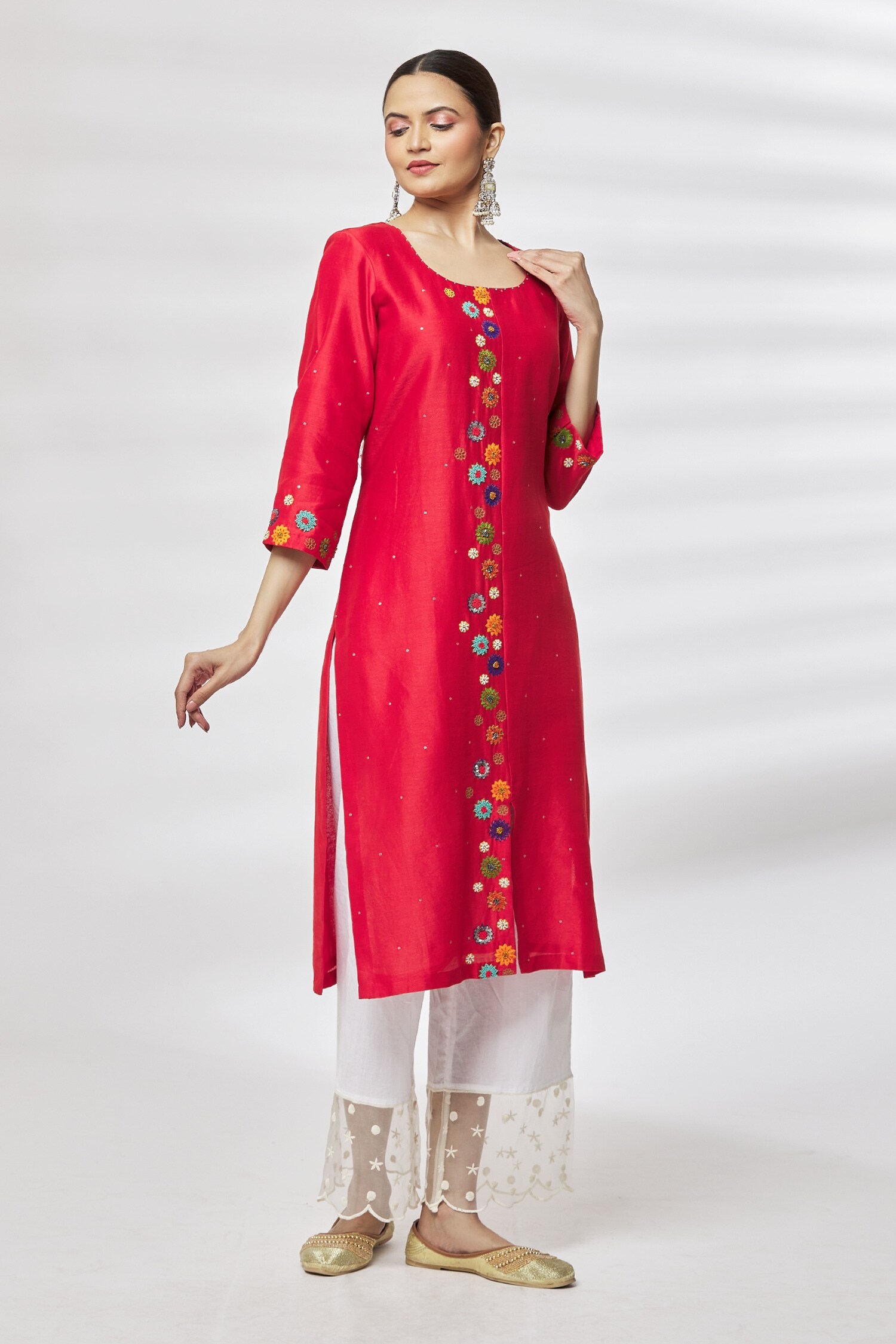 Buy Kasturi Tikmani Red Chanderi Floral Pattern Kurta Online | Aza Fashions