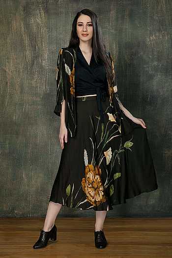 Buy Black Organza Print Floral Top: V Neck Jacket And Skirt Set For ...