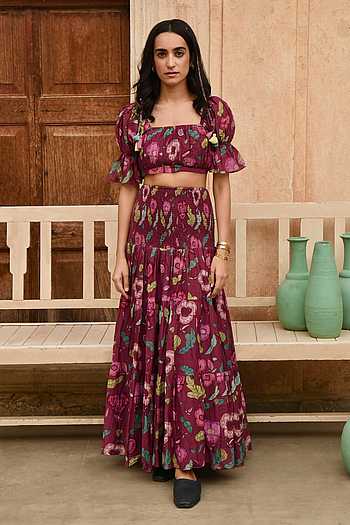 Buy Taro Wine Chanderi Silk Merlot Floral Print Crop Top Online | Aza ...