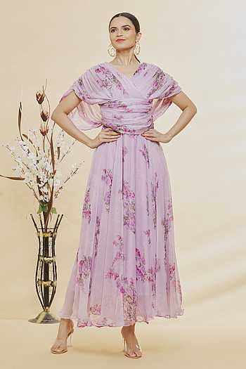 Buy Purple Chiffon Printed Floral Draped Neck Dress For Women by ...
