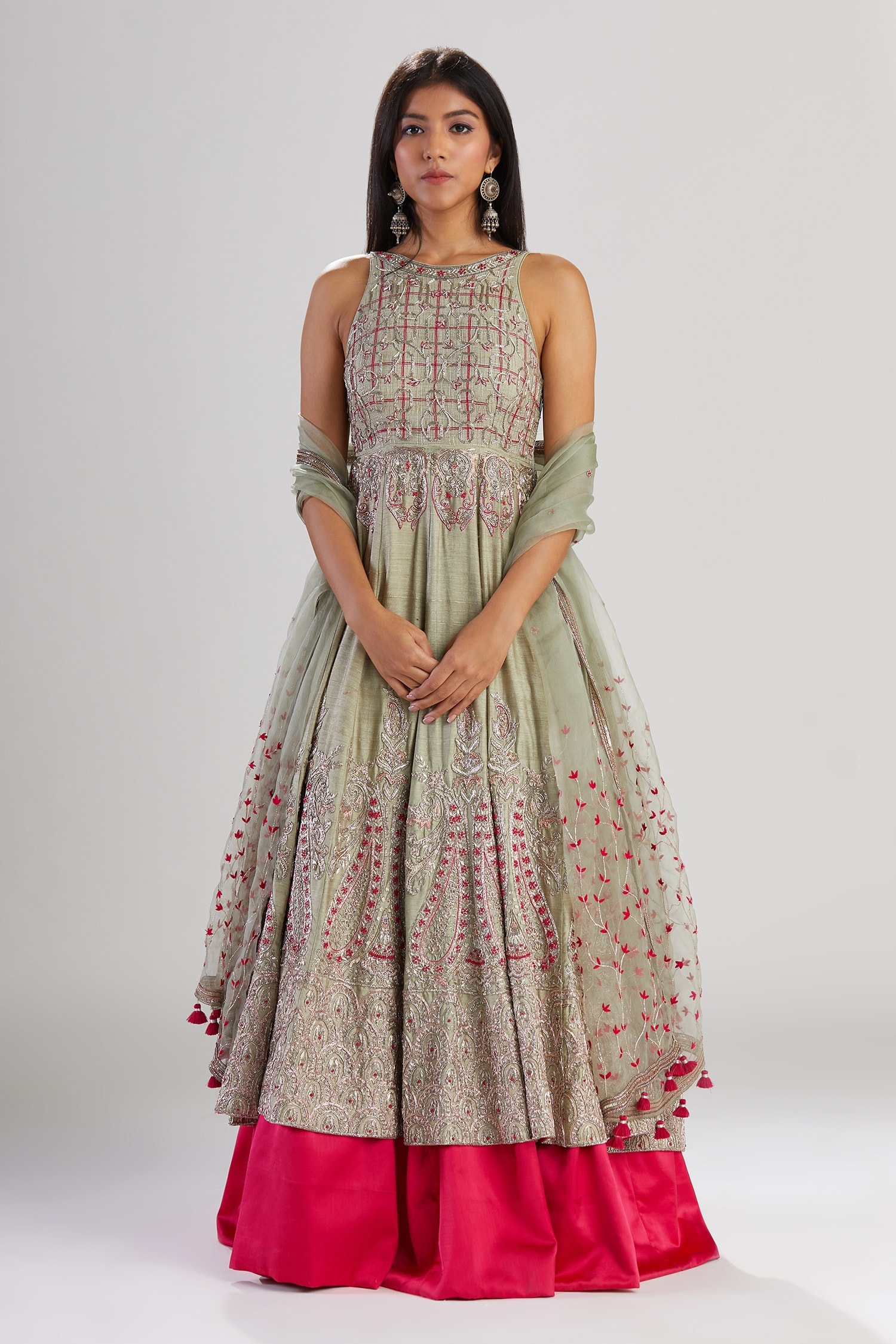 Buy Megha Bansal Green Raw Silk Shereen Embroidered Anarkali With ...