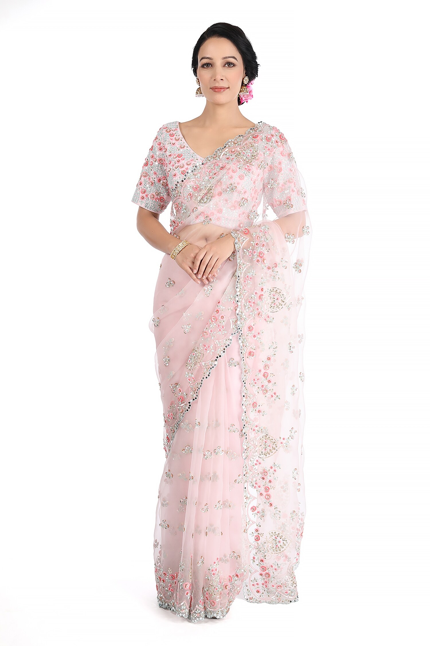 Buy Pink Organza Embroidery Sequin V Neck Elephant Saree With Blouse ...