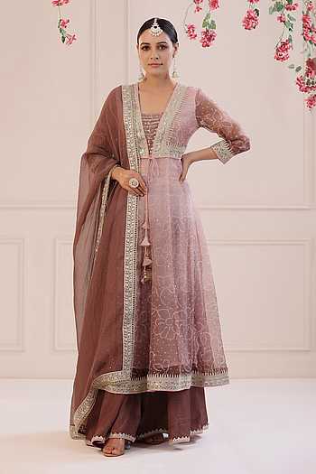 Buy Purple Kota Doria Printed Bandhani Square Neck Pastel Anarkali ...
