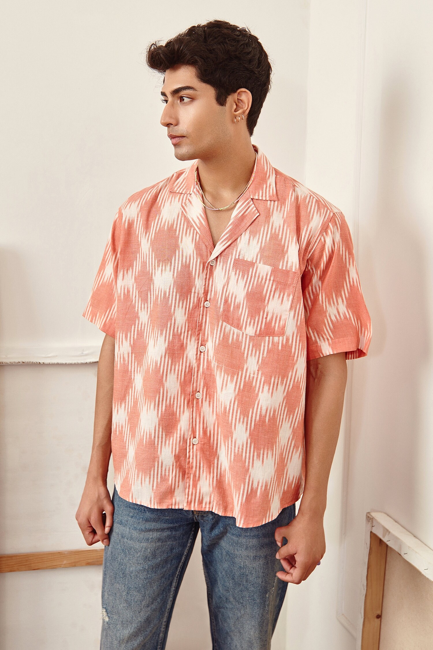 Buy Sorbae Peach Kai Ikat Print Shirt Online | Aza Fashions